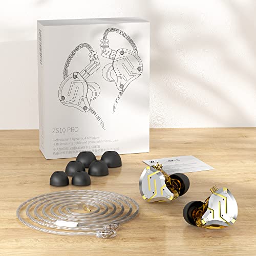 KZ ZS10 Pro in Ear Monitor Earphone, 4BA 1DD Metal Earbuds, HiFi Bass Headphones IEM with Detachable 2 Pin C-Cable(Gold,No Mic)