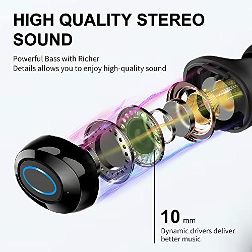 MuGo Wireless Earbud, Wireless Headphones Bluetooth 5.1 Headphones with Microphone, IP7 Waterproof Stereo Bluetooth Earphones Ear Bud, in-Ear Headset with LCD Display USB-C Fast Charge (Black)