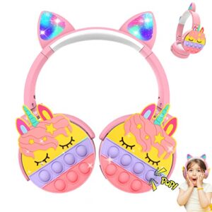 astro alan kids headphones, unicorn pop bluetooth wireless for headphones over ear, fidget bubbles cat ear school built-in mic foldable girls boys women tablet/ipad/phone/pc(pink) (02)