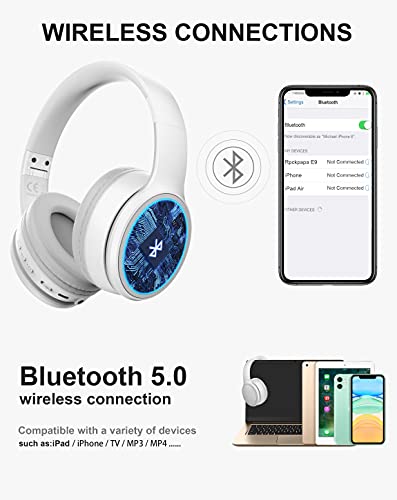 rockpapa E9 Over Ear Bluetooth Headphones for Kids Children Boy Girl Adult, Stereo Foldable Wired/Wireless Headphones with Microphone for School Travel Tablet PC TV, Include Case, White Grey