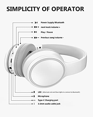 rockpapa E9 Over Ear Bluetooth Headphones for Kids Children Boy Girl Adult, Stereo Foldable Wired/Wireless Headphones with Microphone for School Travel Tablet PC TV, Include Case, White Grey