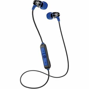 jlab metal bluetooth wireless rugged earbuds | titanium 8mm drivers | 6 hour battery life | noise isolation | bluetooth 5.0 | ip55 sweat proof rating extra gel tips & cush fins (black/blue)