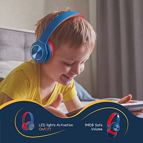 PowerLocus Kids Headphones, Bluetooth Headphones Over Ear for Kids with LED Lights, 94db Volume Limited Headphone, Micro SD/TF, Foldable with Hi-Fi Stereo, Built-in Mic for School/Tablet/Travel (Red)