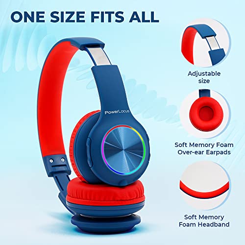 PowerLocus Kids Headphones, Bluetooth Headphones Over Ear for Kids with LED Lights, 94db Volume Limited Headphone, Micro SD/TF, Foldable with Hi-Fi Stereo, Built-in Mic for School/Tablet/Travel (Red)