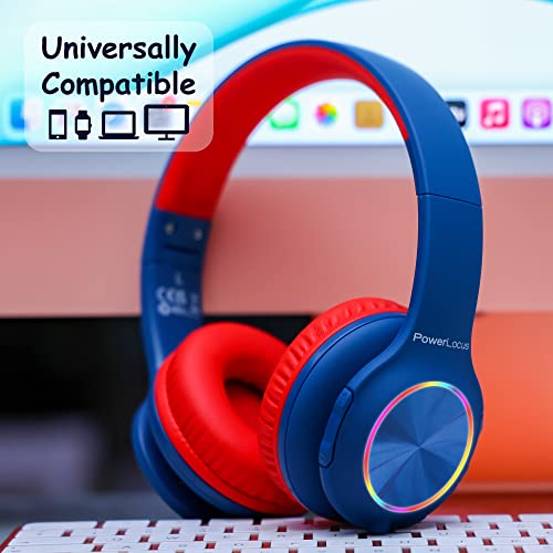 PowerLocus Kids Headphones, Bluetooth Headphones Over Ear for Kids with LED Lights, 94db Volume Limited Headphone, Micro SD/TF, Foldable with Hi-Fi Stereo, Built-in Mic for School/Tablet/Travel (Red)