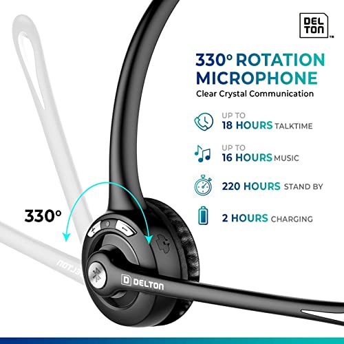 Delton 10X Trucker Bluetooth Headset, Wireless Headphones w/Microphone, Over The Head Single Earpiece with Mic for Skype, Call Centers, Truck Drivers - 18Hrs (2-Pack)