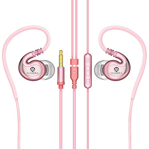 JAAMIRA Sports Wired Earbuds in-Ear Earphones with Microphone &Volume Control -Bass &Noise Isolation Over Ear Headphones with 3.5mm Jack -for Android Phone iPhone Computer Gaming Workout IPX4 Pink