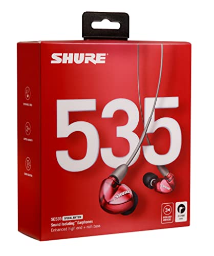 Shure SE535LTD Professional Wired Sound Isolating Earbuds, High Definition Sound + Natural Bass, Three Drivers, Secure in-Ear Fit, Detachable Cable, Durable Quality - Red