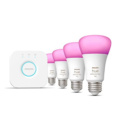 Philips Hue A19 LED Color Smart Bulb Starter Kit (75W 2021 Version), Compatible with Alexa, Apple HomeKit & Google Assistant, White and Color Ambiance (16 Million Colors), 4 Bulbs