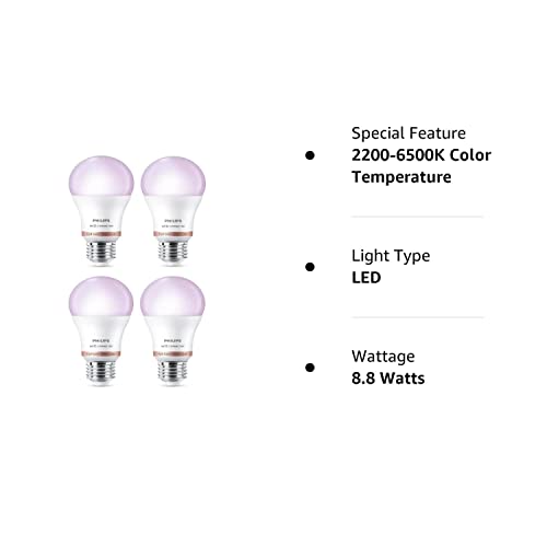 PHILIPS Color and Tunable White A19 LED 60W Equivalent Dimmable Wi-Fi Wiz Connected Smart LED Light Bulb, Easy Control with App or Voice, Works with Alexa, Google Assistant, Siri Shortcuts (4-Pack)