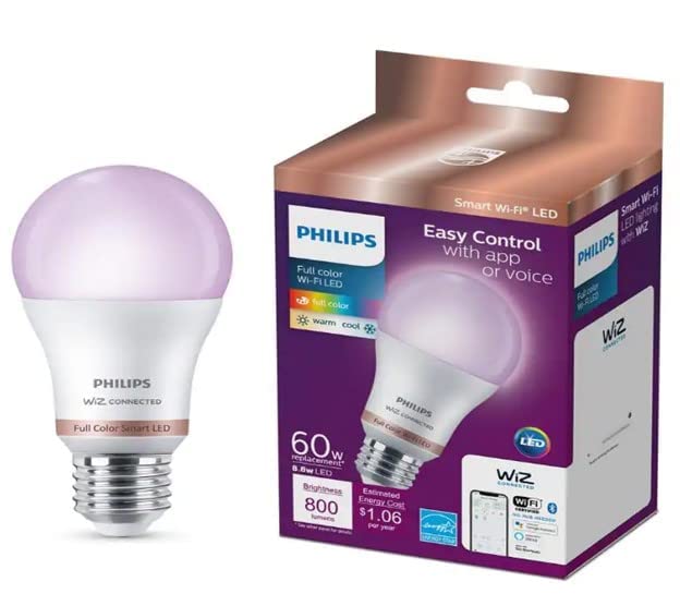 PHILIPS Color and Tunable White A19 LED 60W Equivalent Dimmable Wi-Fi Wiz Connected Smart LED Light Bulb, Easy Control with App or Voice, Works with Alexa, Google Assistant, Siri Shortcuts (4-Pack)