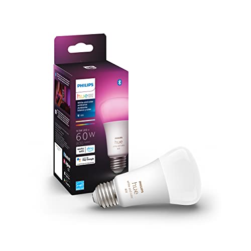 Philips Hue White and Color Ambiance A19 Base Lumen LED Smart Bulb, 800 Lumens, Bluetooth & Zigbee Compatible (Hue Hub Optional), Works with Alexa & Google Assistant, 1 Bulb