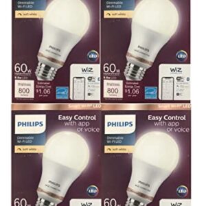 Philips Soft White A19 LED 60W Equivalent Dimmable WiZ Connected Smart Light Bulb 4 Pack