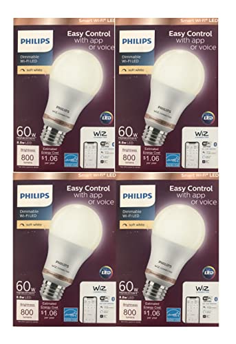 Philips Soft White A19 LED 60W Equivalent Dimmable WiZ Connected Smart Light Bulb 4 Pack