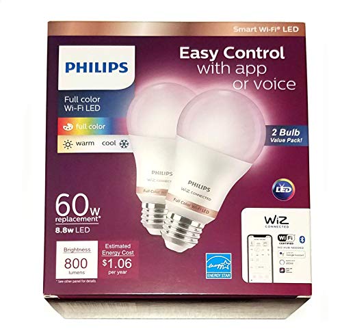 Philips Wiz connected 2-Pack bundle A19 LED Wi-Fi Smart Bulb FULL COLOR 800 Lumens Dimmable 60w equivalent