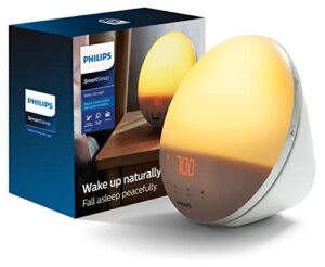 philips smartsleep wake-up light, colored sunrise and sunset simulation, 5 natural sounds, fm radio & reading lamp, tap snooze, hf3520/60