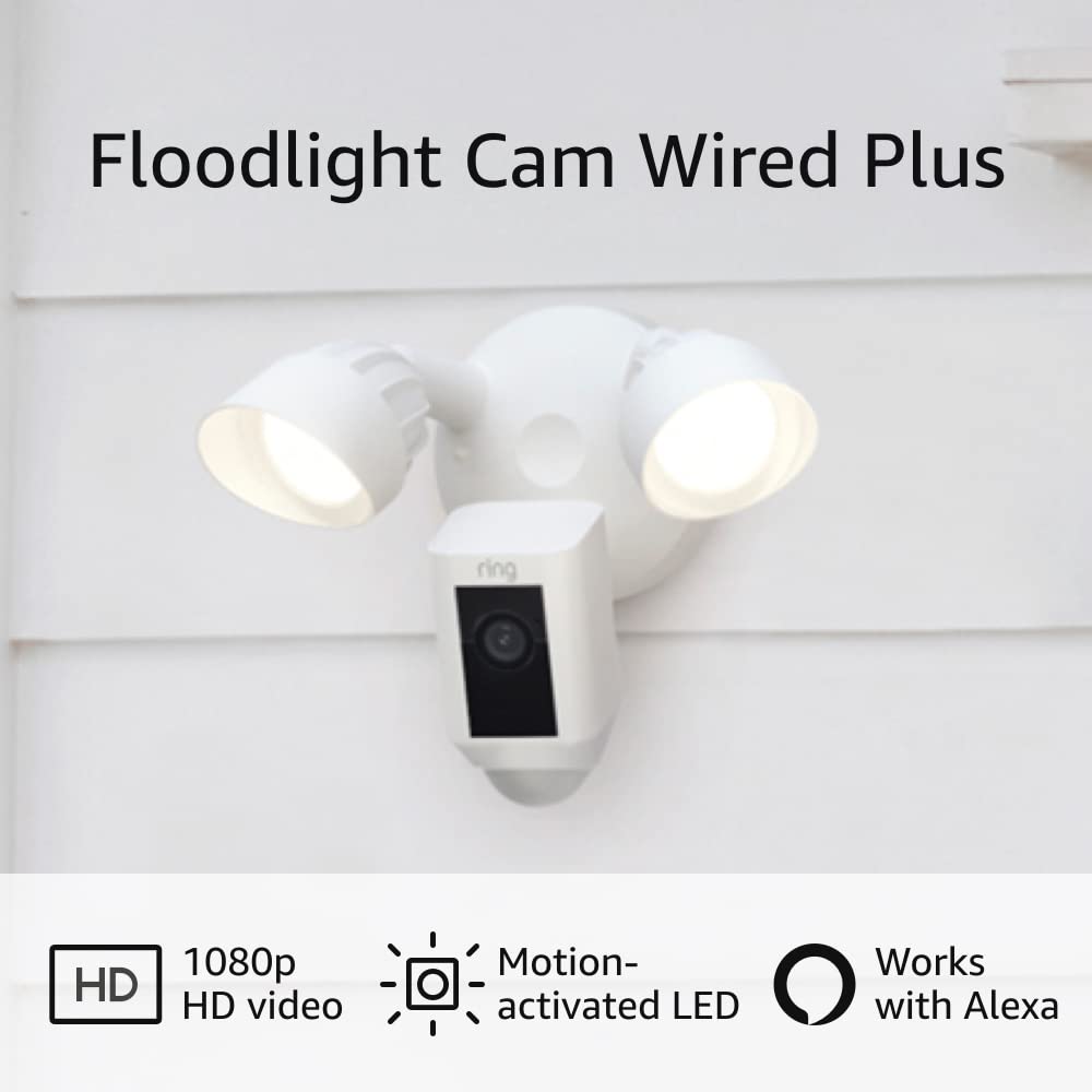 Certified Refurbished Ring Floodlight Cam Wired Plus with motion-activated 1080p HD video, White (2021 release)