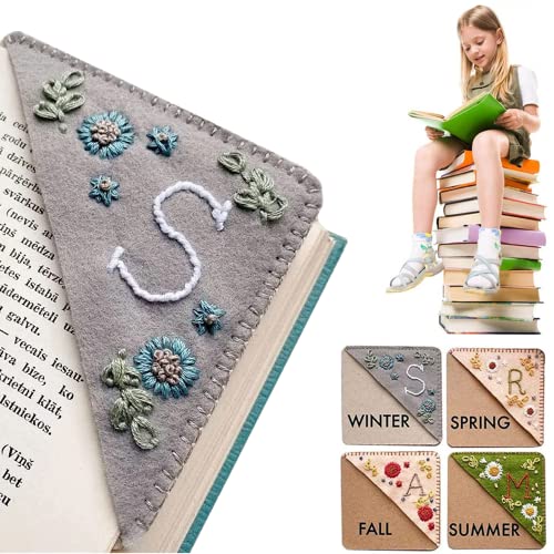 Personalized Hand Embroidered Corner Bookmark, 26 Letters Cute Flower Embroidered Corner Bookmark Embroidery Book Marker Clip for Book Lovers Bookmarks for Reading Lovers Meaningful Gift (Winter, B)