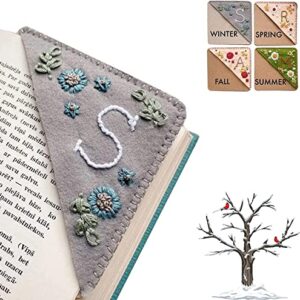 Personalized Hand Embroidered Corner Bookmark, 26 Letters Cute Flower Embroidered Corner Bookmark Embroidery Book Marker Clip for Book Lovers Bookmarks for Reading Lovers Meaningful Gift (Winter, B)