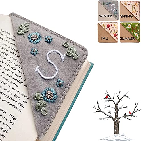 Personalized Hand Embroidered Corner Bookmark, 26 Letters Cute Flower Embroidered Corner Bookmark Embroidery Book Marker Clip for Book Lovers Bookmarks for Reading Lovers Meaningful Gift (Winter, B)