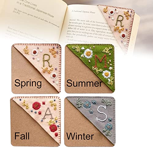 4 Pcs Embroidered Bookmark, Felt Triangle Page Stitched Corner Handmade Bookmark, Cute Flower Letter Embroidery Bookmarks, for Book Reading Lovers Meaningful Gift