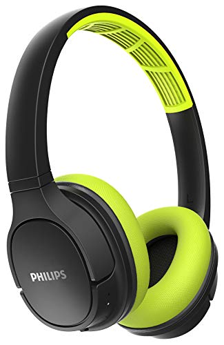 Philips ActionFit SH402 Wireless Bluetooth Headphones, IPX4 Splash-Resistance, Up to 20 hours of Play time, Echo Cancellation, Quick Charge, Smart Pairing and Cooling Earcups - Black/Green (TASH402LF)