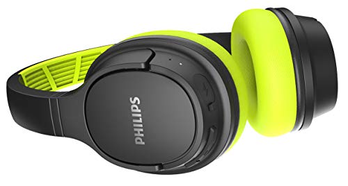 Philips ActionFit SH402 Wireless Bluetooth Headphones, IPX4 Splash-Resistance, Up to 20 hours of Play time, Echo Cancellation, Quick Charge, Smart Pairing and Cooling Earcups - Black/Green (TASH402LF)