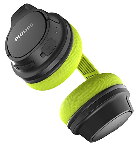 Philips ActionFit SH402 Wireless Bluetooth Headphones, IPX4 Splash-Resistance, Up to 20 hours of Play time, Echo Cancellation, Quick Charge, Smart Pairing and Cooling Earcups - Black/Green (TASH402LF)