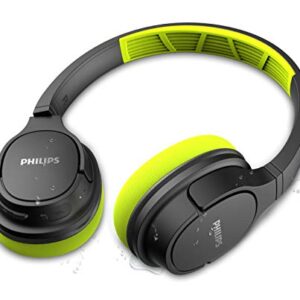 Philips ActionFit SH402 Wireless Bluetooth Headphones, IPX4 Splash-Resistance, Up to 20 hours of Play time, Echo Cancellation, Quick Charge, Smart Pairing and Cooling Earcups - Black/Green (TASH402LF)