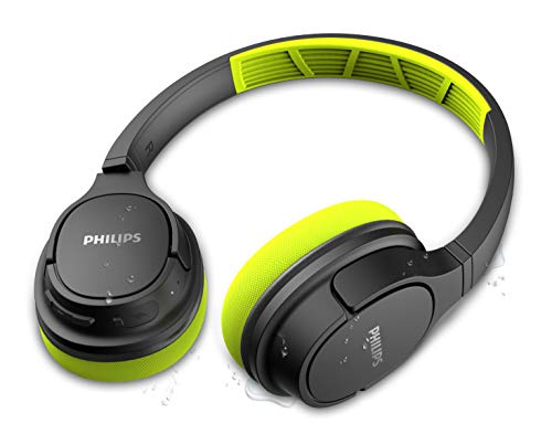 Philips ActionFit SH402 Wireless Bluetooth Headphones, IPX4 Splash-Resistance, Up to 20 hours of Play time, Echo Cancellation, Quick Charge, Smart Pairing and Cooling Earcups - Black/Green (TASH402LF)