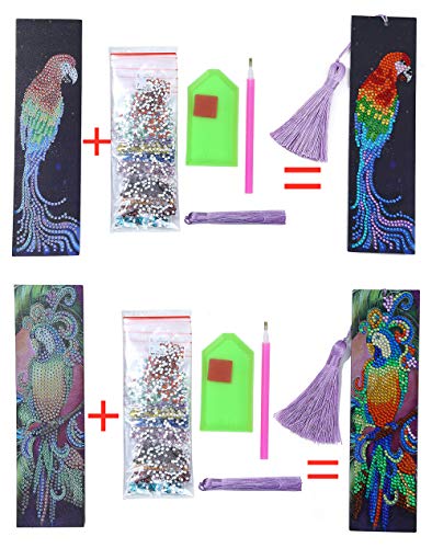 Parrot Diamond Painting Bookmark - pigpigboss 2 Sets Bookmark Diamond Painting Kit Bookmark Diamond Painting with Tassel Parrot Diamond Dots Arts Crafts Kit Bookmark for Adult Kids (21 x 6 cm)