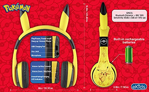 eKids Pokemon Kids Bluetooth Headphones, Wireless Headphones with Microphone Includes Aux Cord, Volume Reduced Kids Foldable Headphones for School, Home, or Travel