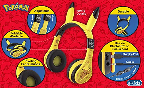 eKids Pokemon Kids Bluetooth Headphones, Wireless Headphones with Microphone Includes Aux Cord, Volume Reduced Kids Foldable Headphones for School, Home, or Travel