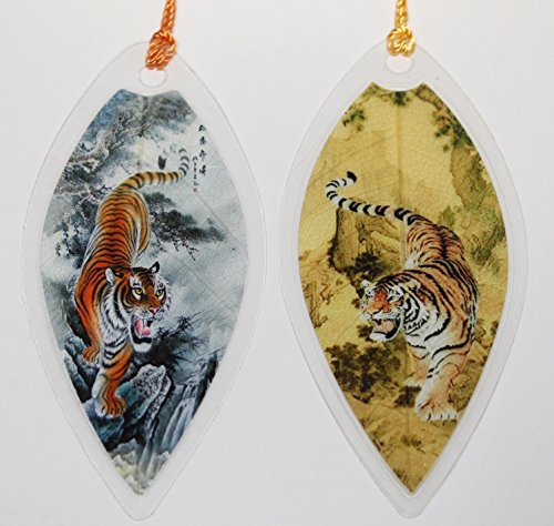 Lucore Tiger Painting Leaf Bookmarks -Made of Real Leaves - 2 Pcs Lucky Charm, Ornament, Hanging & Wall Decor, Art Decoration