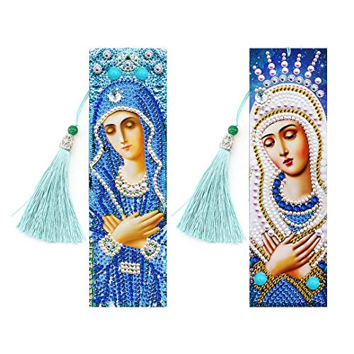 2Pack DIY Diamond Bookmarks Leather Tassel Diamond Art Bookmark for Adults and Kids(8.27X2.37"in)(Religious Virgin Mary)