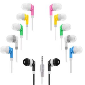 Deal Maniac 50 Pack Multi Color Kid's Wired Earbud Headphones, Disposable Earbuds, Individually Bagged, Perfect for Students in Classroom Libraries Schools, Bulk Wholesale