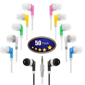 Deal Maniac 50 Pack Multi Color Kid's Wired Earbud Headphones, Disposable Earbuds, Individually Bagged, Perfect for Students in Classroom Libraries Schools, Bulk Wholesale