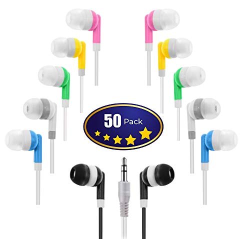 Deal Maniac 50 Pack Multi Color Kid's Wired Earbud Headphones, Disposable Earbuds, Individually Bagged, Perfect for Students in Classroom Libraries Schools, Bulk Wholesale