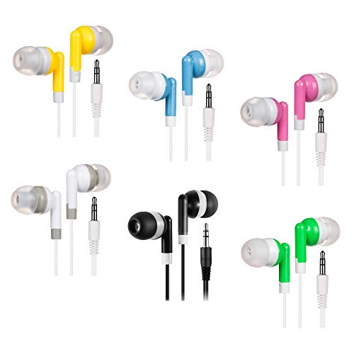 Deal Maniac 50 Pack Multi Color Kid's Wired Earbud Headphones, Disposable Earbuds, Individually Bagged, Perfect for Students in Classroom Libraries Schools, Bulk Wholesale