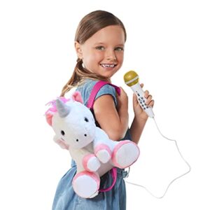 singing machine kids presents the sing along crew speaker & microphone plush, karaoke backpack with songs, sound effects & recording, uni queen, white and pink (smk012)