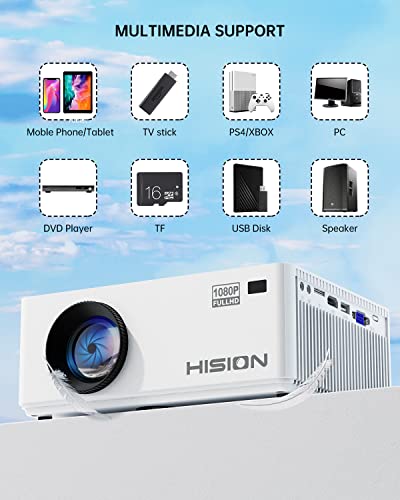 Mini Projector Native 1080P Outdoor Movie Projector with 120 Inch Projector Scr, HISION 8000L Portable Home Theater 4K Support Video Projector