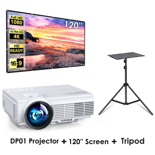 YOWHICK DP01 Projector, 120" Projector Screen and Projector Tripod Stand Bundle