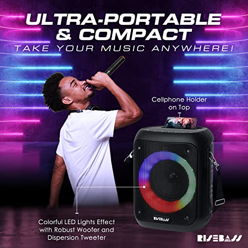 Risebass Portable Karaoke Machine with 2 Wireless Microphones - Bluetooth Rechargeable Speaker with USB/SD/TF Card Support, AUX-in, Tripod Screw Mount and Phone Slot.