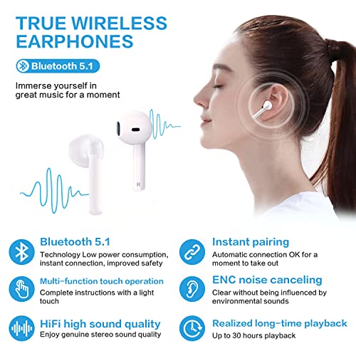 Wireless Earbuds, Bluetooth 5.1 Headphones Stereo Earphone Cordless Sport Headsets with Charging Case, IPX6 Waterproof HiFi Stereo in Ear Headsets Built in Mic for Sport Home Office White