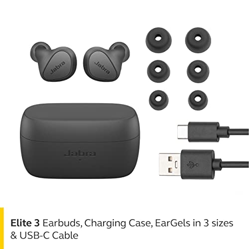 Jabra Elite 3 in Ear Wireless Bluetooth Earbuds – Noise Isolating True Wireless Buds with 4 Built-in Microphones for Clear Calls, Rich Bass, Customizable Sound, and Mono Mode - Dark Grey