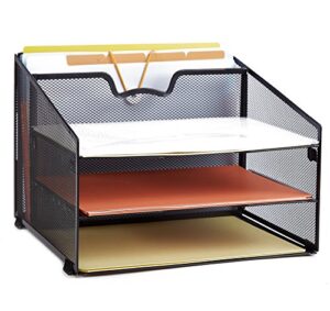 proaid paper organizer mesh office desktop accessories organizer, desk file organizer with 3 paper trays and 1 vertical upright compartment, black