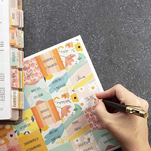 DiverseBee Spanish Bible Tabs (Large Print, Easy to Read), Bible Journaling Book Tabs, Christian Gift, 66 Bible Tabs Old and New Testament, Includes Catholic Books and 9 Blank Tabs - Alegria Theme