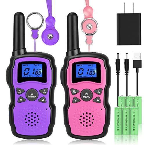 Wishouse Walkie Talkies for Kids Rechargeable with USB Charger 6000mAh Battery,Outdoor Camping Games with Flashlight Lanyard,Toys for Girls,Halloween Xmas Birthday Gift for Children 2 Pack Pink Purple