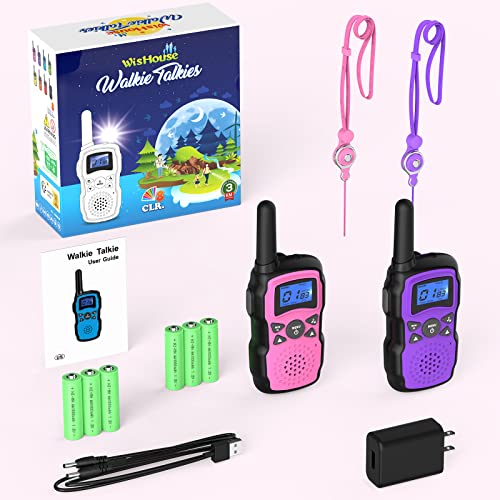 Wishouse Walkie Talkies for Kids Rechargeable with USB Charger 6000mAh Battery,Outdoor Camping Games with Flashlight Lanyard,Toys for Girls,Halloween Xmas Birthday Gift for Children 2 Pack Pink Purple