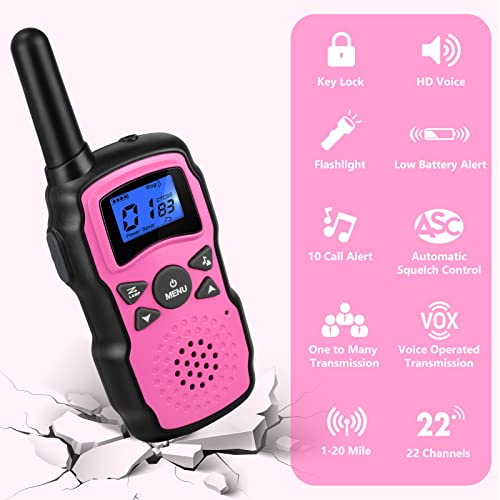 Wishouse Walkie Talkies for Kids Rechargeable with USB Charger 6000mAh Battery,Outdoor Camping Games with Flashlight Lanyard,Toys for Girls,Halloween Xmas Birthday Gift for Children 2 Pack Pink Purple